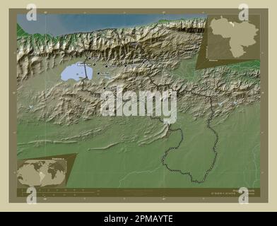Aragua, state of Venezuela. Colored elevation map with lakes and rivers ...