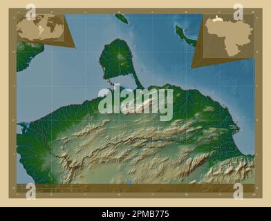 Falcon, state of Venezuela. Colored elevation map with lakes and rivers ...