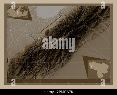 Merida, state of Venezuela. Colored elevation map with lakes and rivers ...
