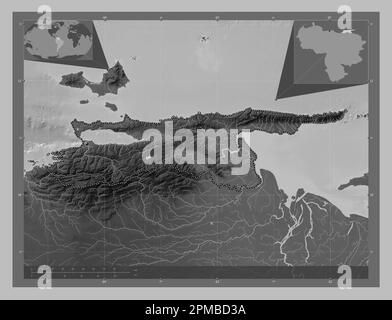 Sucre, state of Venezuela. Grayscale elevation map with lakes and ...