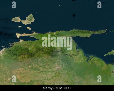 Sucre, state of Venezuela. Low resolution satellite map. Locations and ...