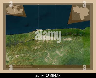 Vargas, state of Venezuela. Low resolution satellite map. Locations and ...