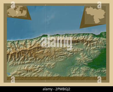 Vargas, state of Venezuela. Colored elevation map with lakes and rivers ...