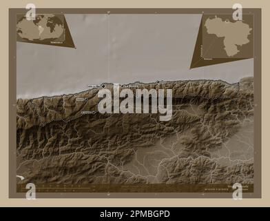 Vargas, state of Venezuela. Colored elevation map with lakes and rivers ...