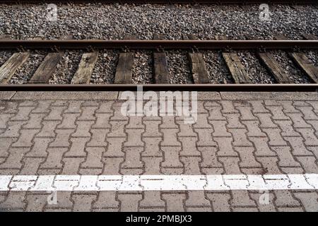Railway tracks, the empty tracks with concrete sleepers, of a railway ...