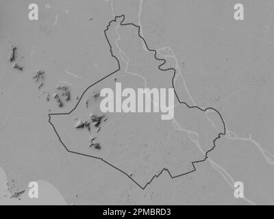 An Giang, province of Vietnam. Grayscale elevation map with lakes and ...