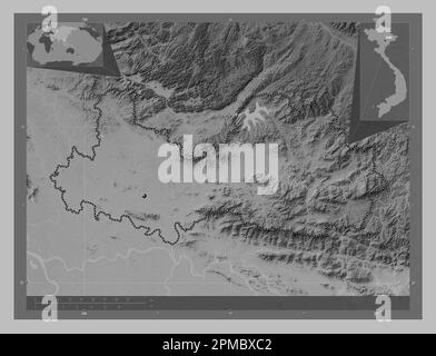 Bac Giang, province of Vietnam. Grayscale elevation map with lakes and ...