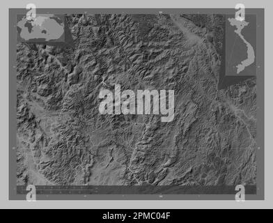 Bac Kan, province of Vietnam. Grayscale elevation map with lakes and ...