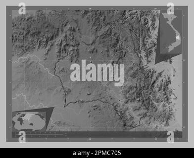 Gia Lai, province of Vietnam. Grayscale elevation map with lakes and ...