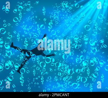 A drowning man is seen from below as shark circle him in an underwater ...