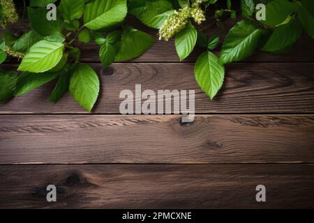 Empty wooden table and green spring leaves in background Stock Photo ...
