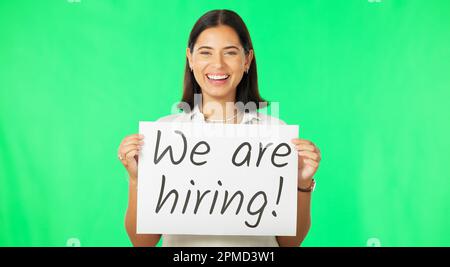 Happy woman, hiring poster and green screen with job advertising, work ...