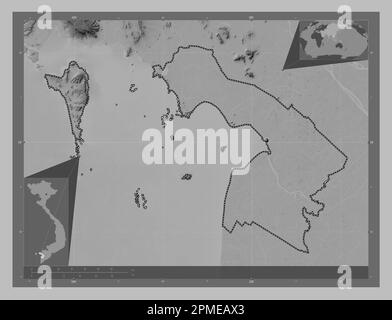 Kien Giang, province of Vietnam. Grayscale elevation map with lakes and ...