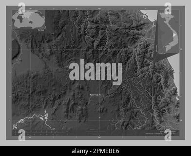 Kon Tum, province of Vietnam. Grayscale elevation map with lakes and ...