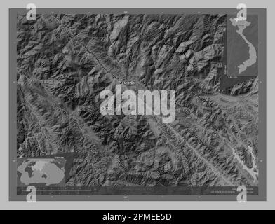 Lao Cai, province of Vietnam. Grayscale elevation map with lakes and ...