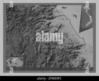 Quang Nam, province of Vietnam. Grayscale elevation map with lakes and ...
