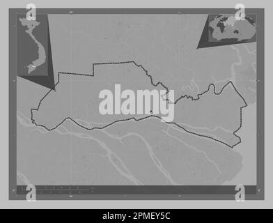 Tien Giang, province of Vietnam. Grayscale elevation map with lakes and ...