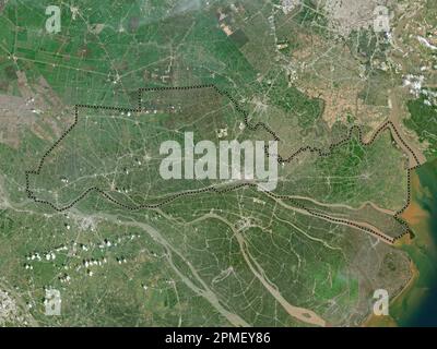 Tien Giang, province of Vietnam. Low resolution satellite map. Locations of major cities of the ...