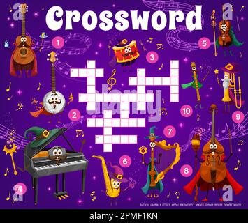 Cartoon musical instrument characters word search puzzle game. Vector ...