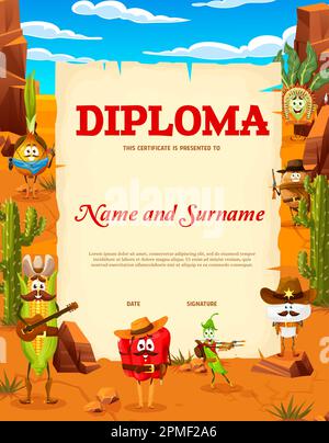 Kids diploma of cartoon cowboy, indian, sheriff and bandit vegetable ...