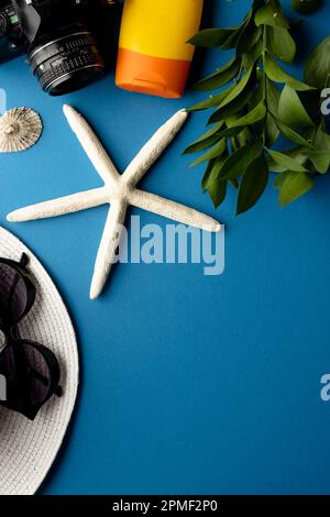 Straw hat with seashells on blue wooden boards, accessories for ...