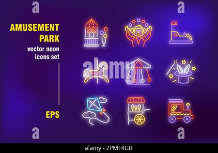 Amusement Park logo in neon style. Design template with a balloon. Neon ...