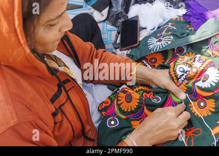 India, Gujarat, Padhar, young Ahir woman embroidering a fabric Stock ...