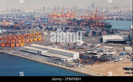Jeddah Islamic Seaport seaside view with white traffic control tower ...