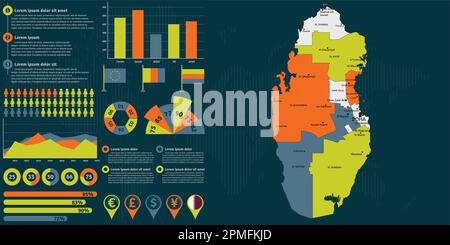 Qatar vector map with infographic elements, pointer marks. Editable template with regions ...