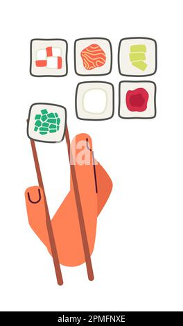 Taking maki roll with chopsticks out sushi set monochromatic flat vector first view hand Stock ...