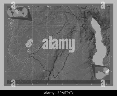 Muchinga, province of Zambia. Grayscale elevation map with lakes and ...