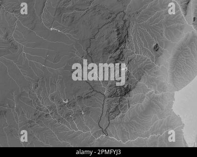 Manicaland, province of Zimbabwe. Grayscale elevation map with lakes ...