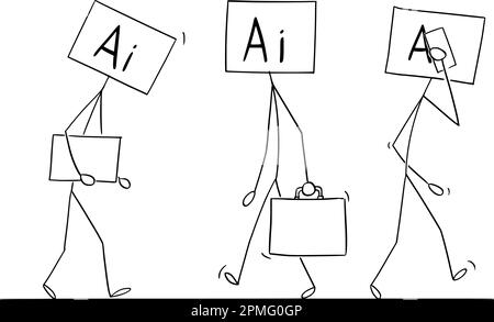 Artificial intelligence or Ai going to work , vector cartoon stick ...