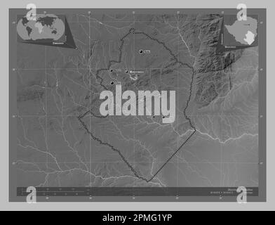Masvingo, province of Zimbabwe. Grayscale elevation map with lakes and ...