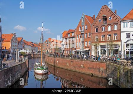 Boat, houses, Hansehafen, Stade, Lower-Saxony, Germany Stock Photo - Alamy