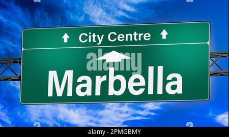 Road sign indicating the direction to Marbella, Puerto Banus and Istan ...