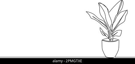 continuous single line drawing of potted plant, line art vector ...