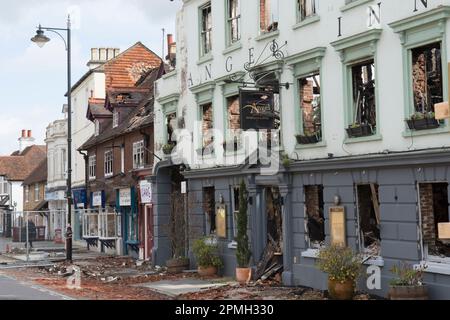 fire damage to gutted Angel Hotel and three adjoining shops, Midhurst ...