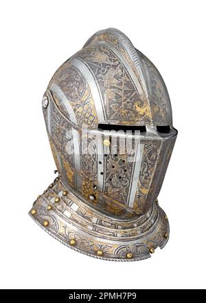 Ancient medieval helmet made of steel, german combat burgonet, isolated ...