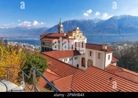 Early spring in Locarno, Ticino, Switzerland. View to Madonna del Sasso ...