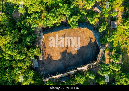 Aerial of a shabono (yanos), the traditional communal dwellings of the ...
