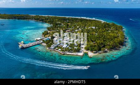 Aerial of the Rangiroa atoll and the Tiputa Pass, Tuamotus, French ...