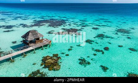Aerial of sundeck over the lagoon of Fakarava, Tuamotu archipelago ...