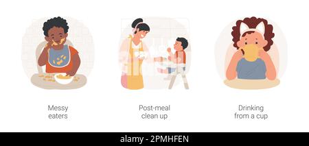 Messy eaters isolated cartoon vector illustration. Little kid in a good ...