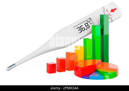Thermometer with growth bar graph and pie chart, 3D rendering isolated ...