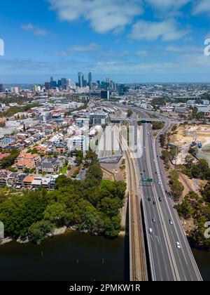 Vertical aerial shot of highway connecting to Perth CBD in Australia ...