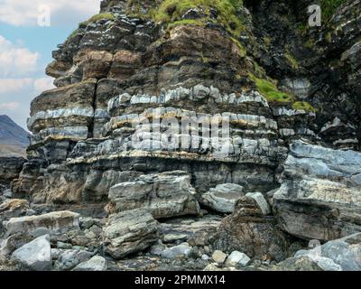 Banded sedimentary rock layers of sandstone, siltstone and mudstone in ...