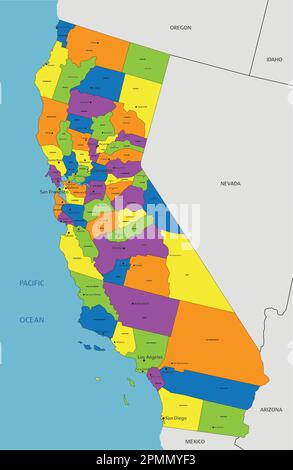 Colorful California political map with clearly labeled, separated ...