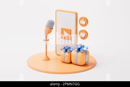 Microphone live streaming and gift boxes, 3d rendering. Digital drawing ...