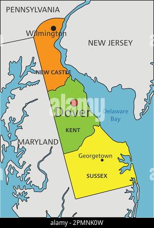 Colorful Delaware political map with clearly labeled, separated layers ...
